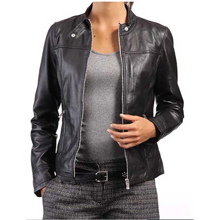 WOMEN BLACK BIKER SLIM FIT CAFE RACER LEATHER JACKET | JACKET WORLD
